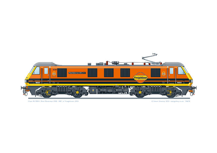 Class 90 90041 'Pete Waterman OBE - RBF' in Freightliner orange livery ...
