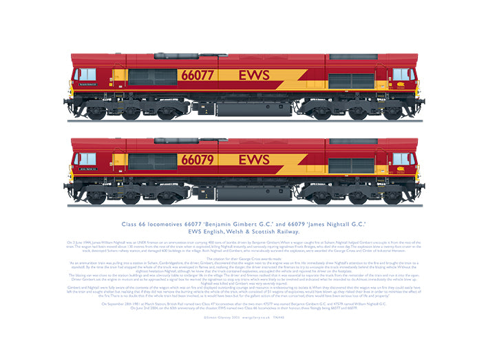 Class 66 66077 ‘Benjamin Gimbert G.C.’ and 66079 ‘James Nightall G.C ...